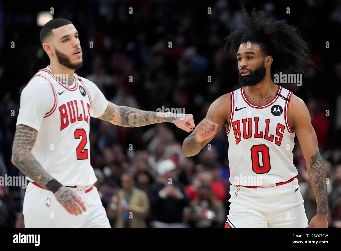 Chicago Bulls forward Lonzo Ball (2), left, and guard Coby White (0 ...