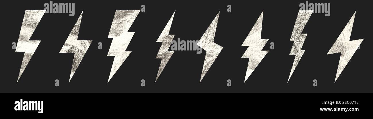 Silver lightning bolt icons collection. Gold foil texture. Flash symbol ...