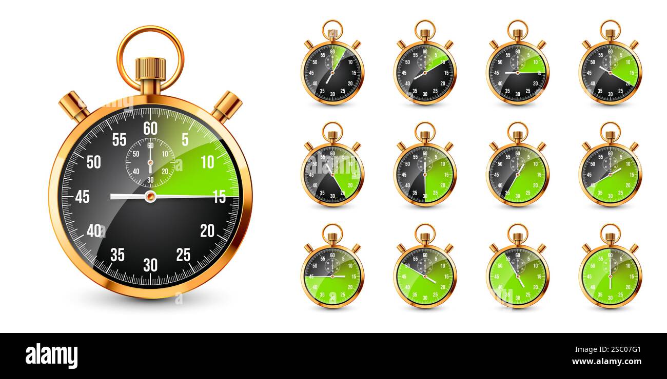 Realistic classic stopwatch. Shiny golden metal chronometer, time ...