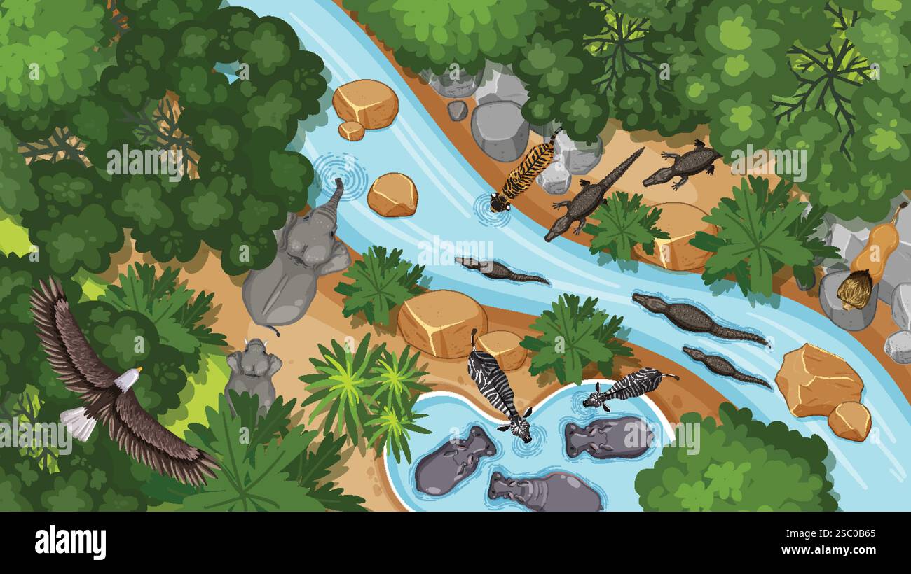 Animals gather around a flowing river in nature Stock Vector Image ...