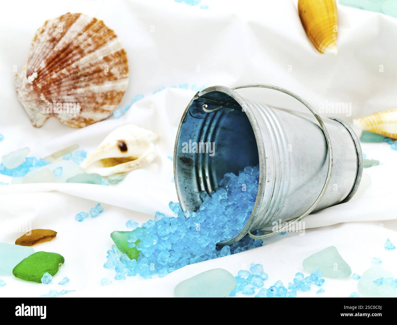 Marine Decor With Sea Shells, Bucket And Decorative Stones At White ...