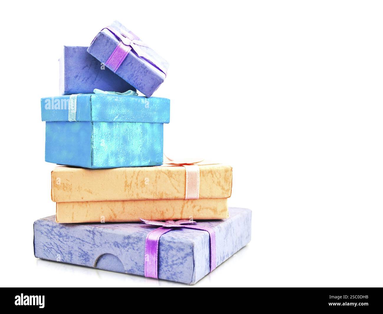 Multicolored Gift Boxes Stack With Bow Against White Background Stock ...