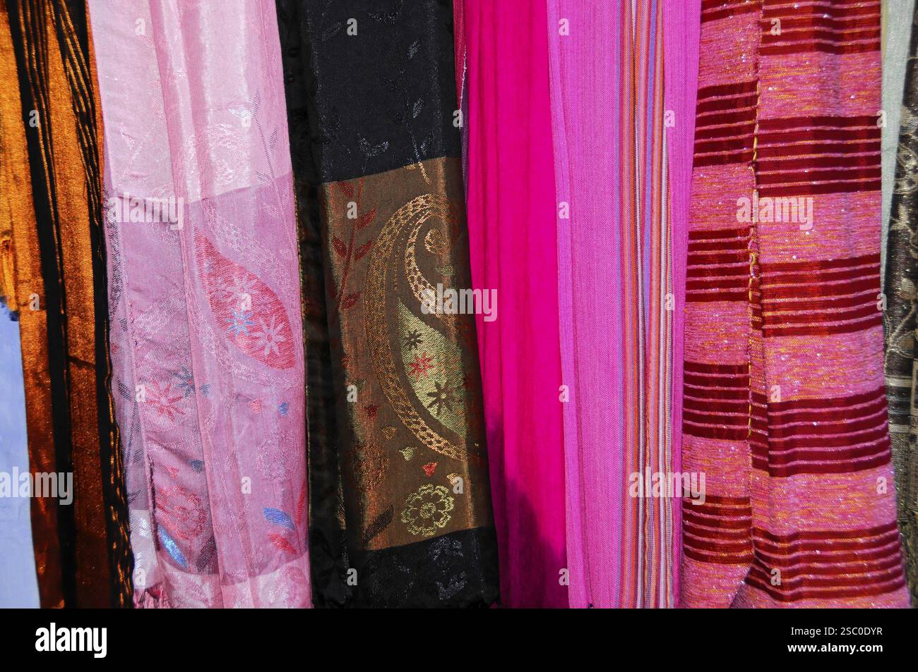 Chefchaouen, Rif Mountains, Morocco, Various colourful fabrics with ...