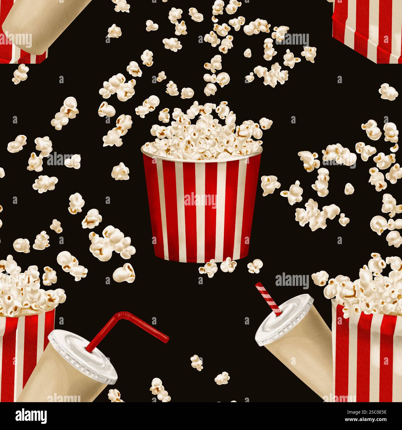 Popcorn in bags and boxes. scatters in different directions. drinks in ...