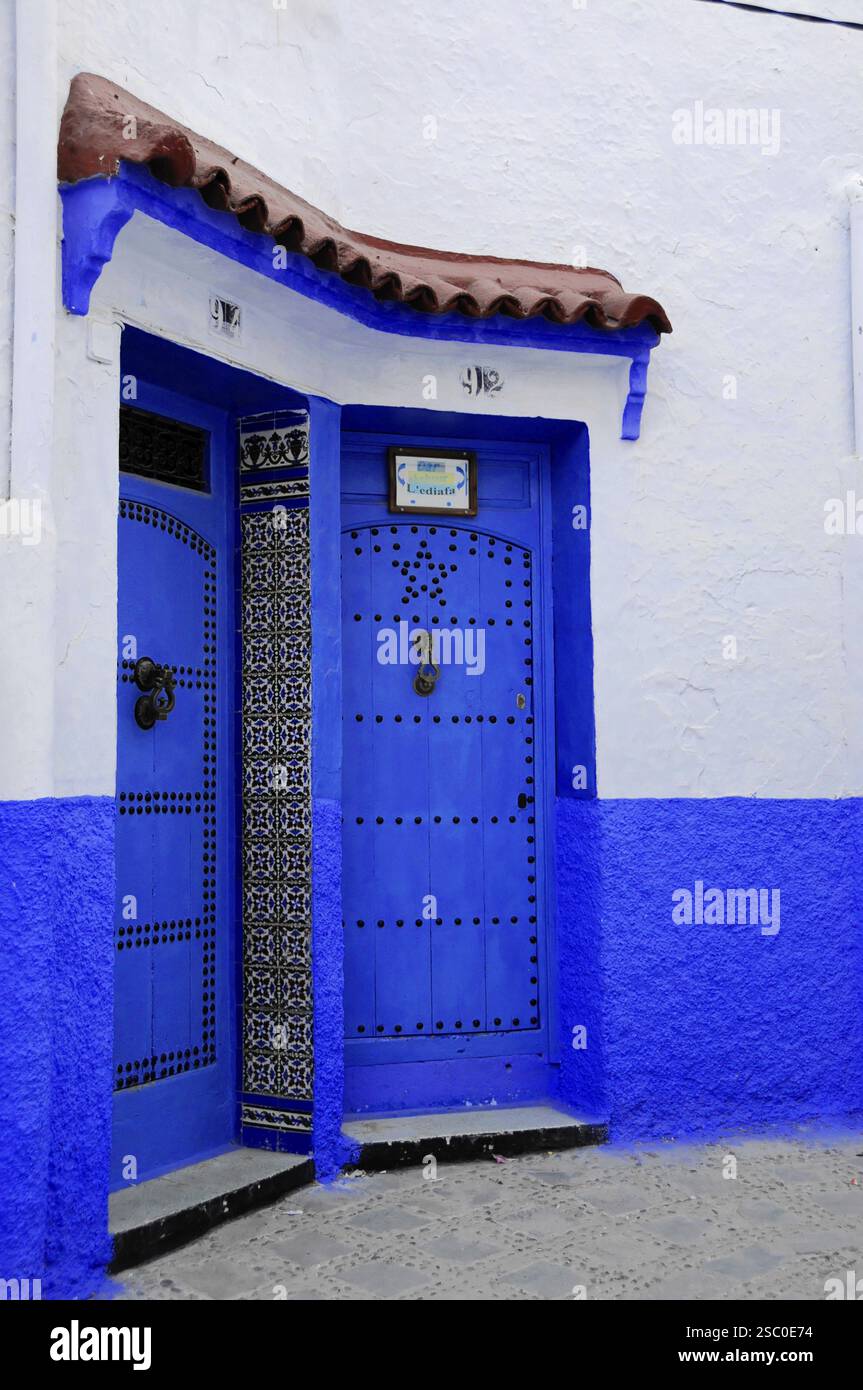 Chefchaouen, Rif Mountains, Morocco, Two traditional blue doors with ...