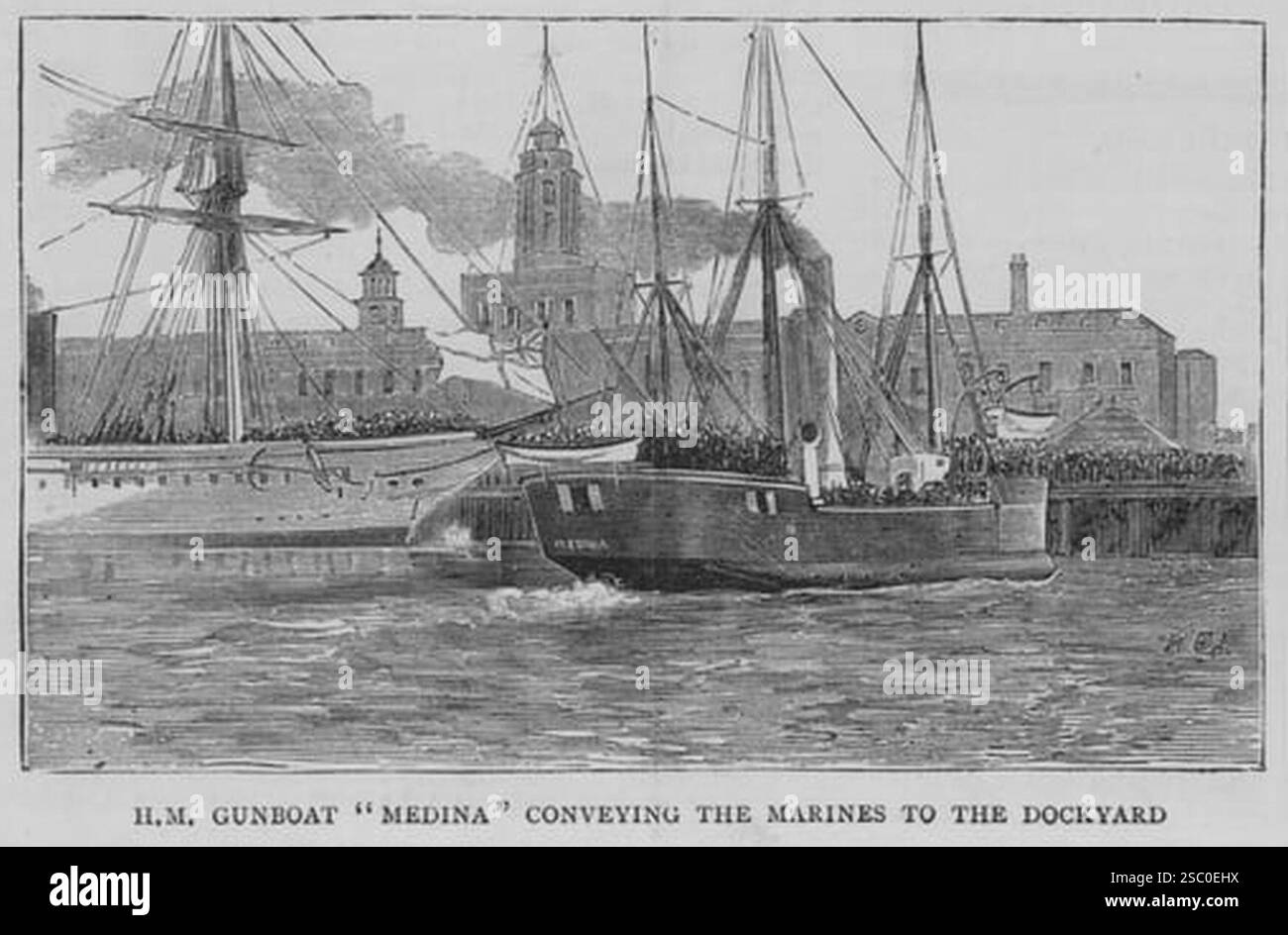 HM Gunboat 'Medina' conveying the marines to the dockyard - The Graphic ...