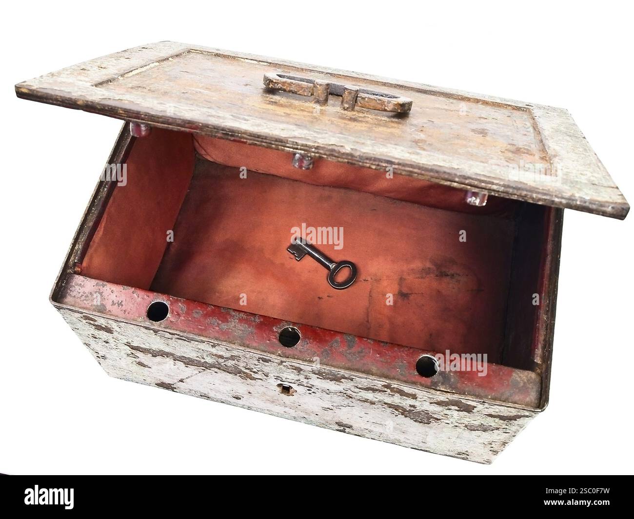 Key in open old chest over white background Stock Photo - Alamy