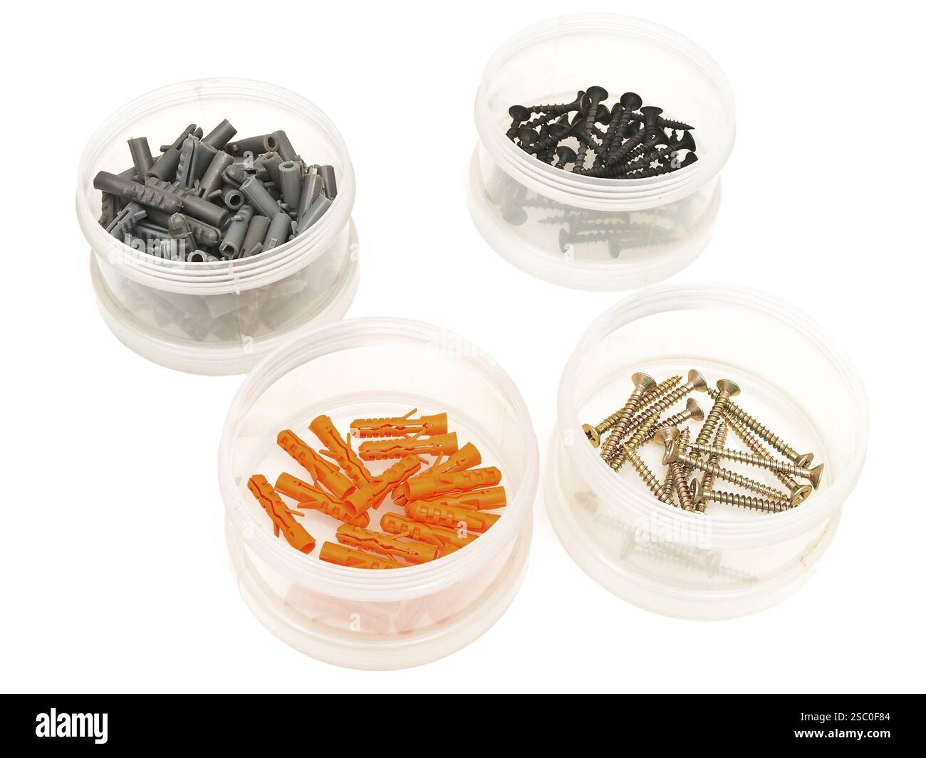 Dowel pins in plastic containers against the white background Stock ...