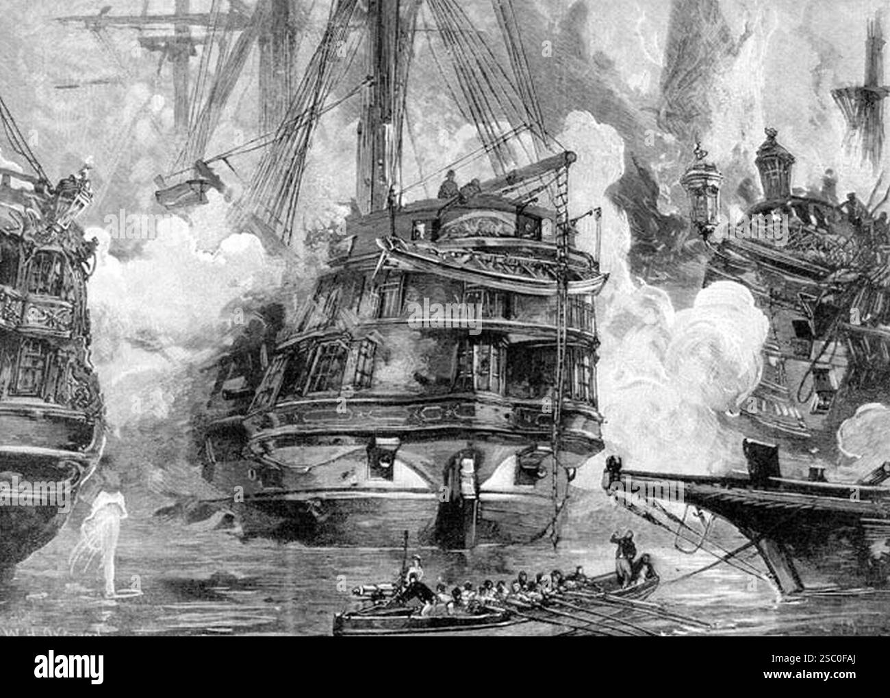 HMS 'Asia' engaging the ships of Capitan Bey and Moharram Bey, 1827 ...