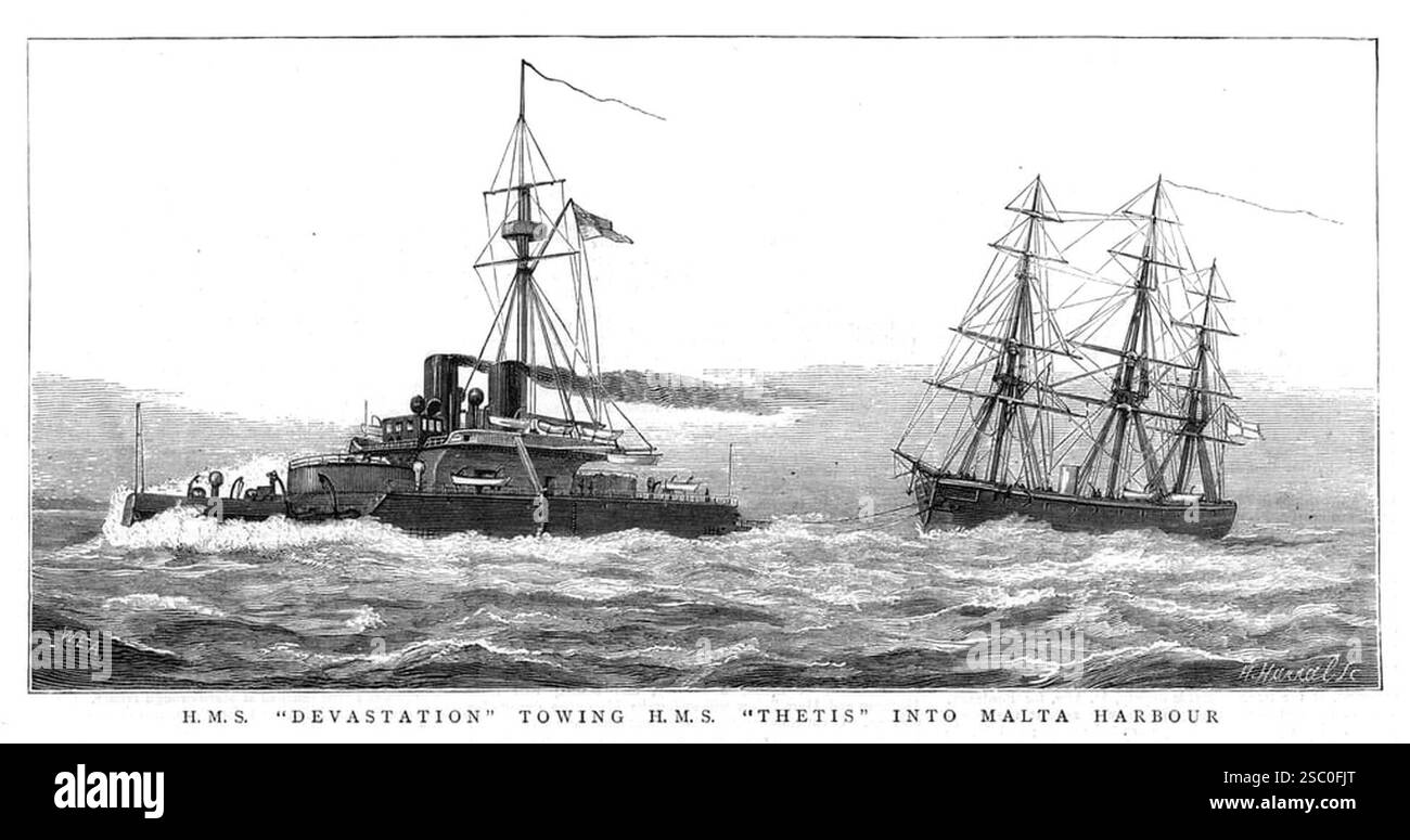 HMS 'Devastation' towing HMS 'Thetis' into Malta Harbour - The Graphic ...