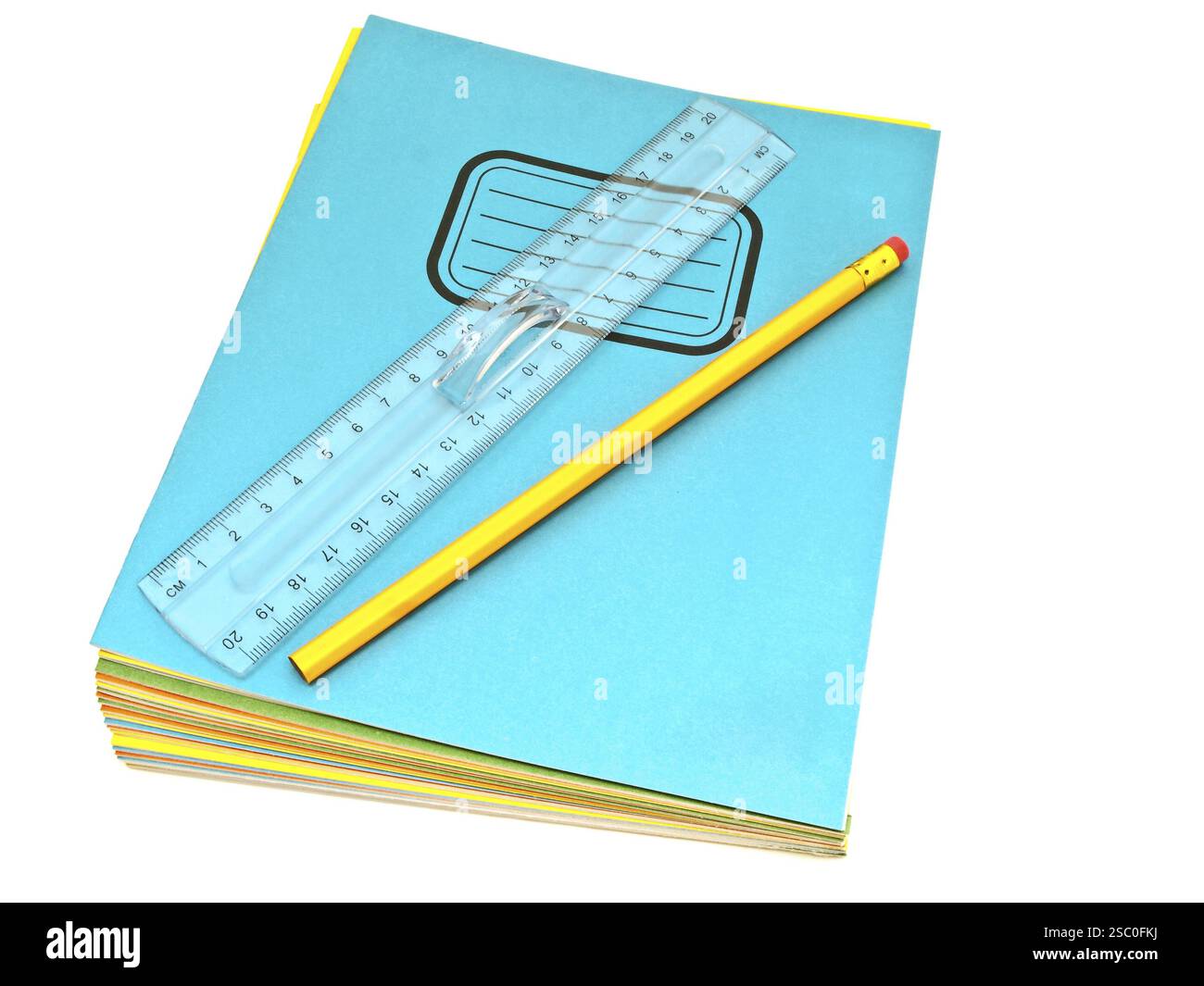 Notebooks Stack With Ruler And Pencil Against The White Background ...