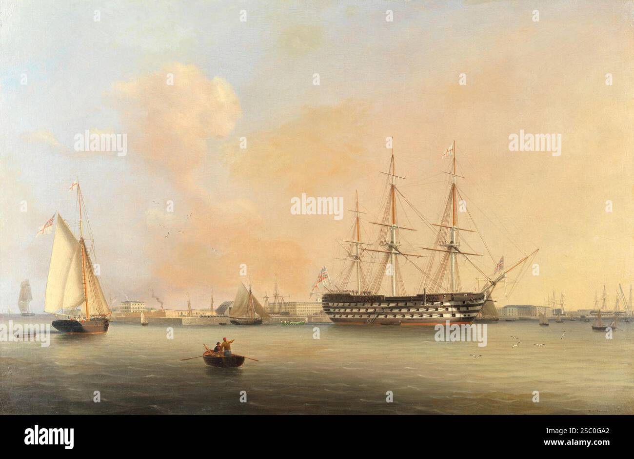 HMS Queen lying off the Royal Dockyard at Sheerness, 1845 Stock Photo ...