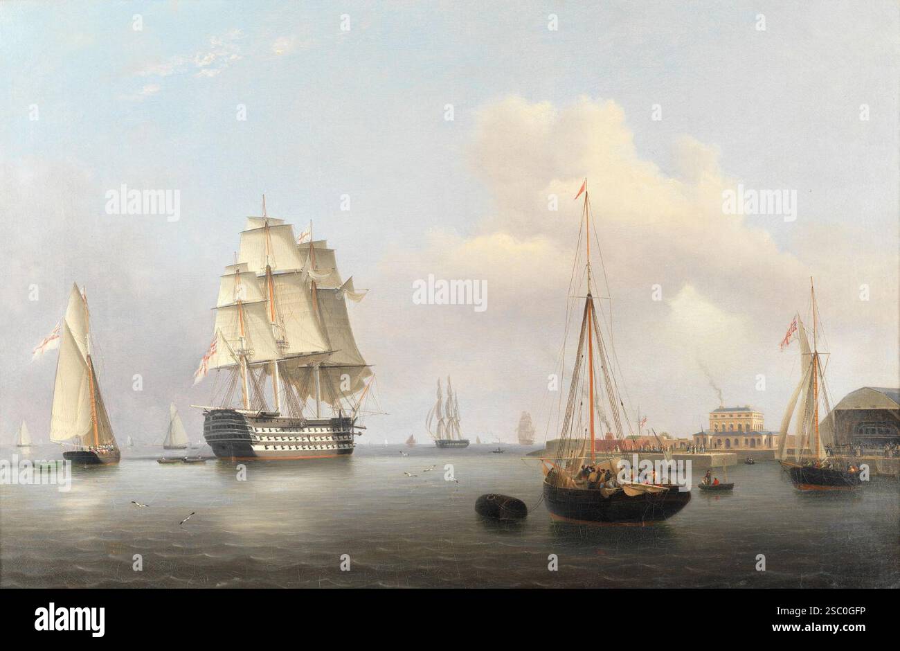 HMS Trafalgar lying off the Royal Dockyard at Sheerness, 1845 Stock ...