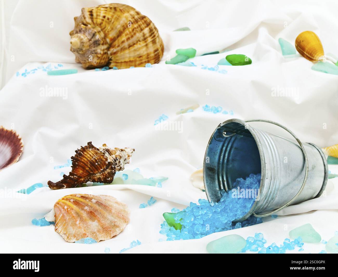 Marine Decoration With Sea Shells, Bucket And Decorative Stones On ...