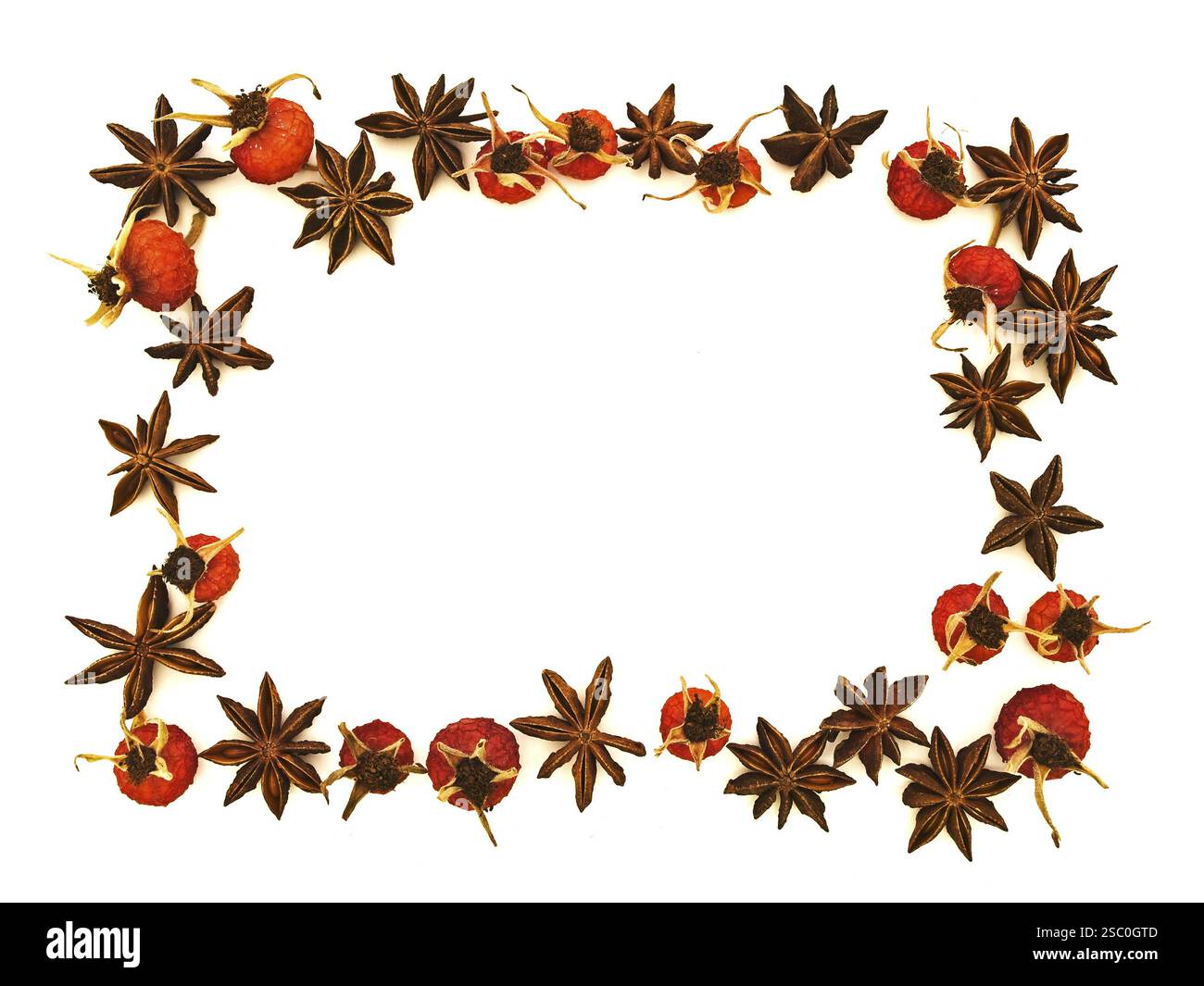 Natural Border With Anise And Dryed Red Rose Hips Against White Stock ...