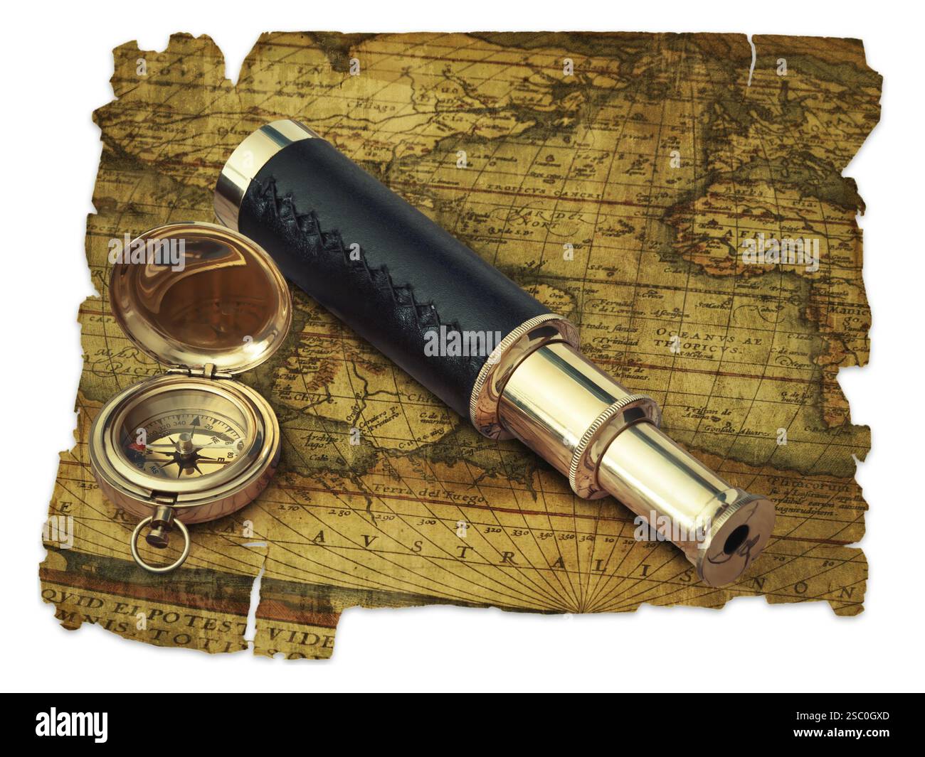 Traveling theme: vintage telescope and compass at antique (17 century ...