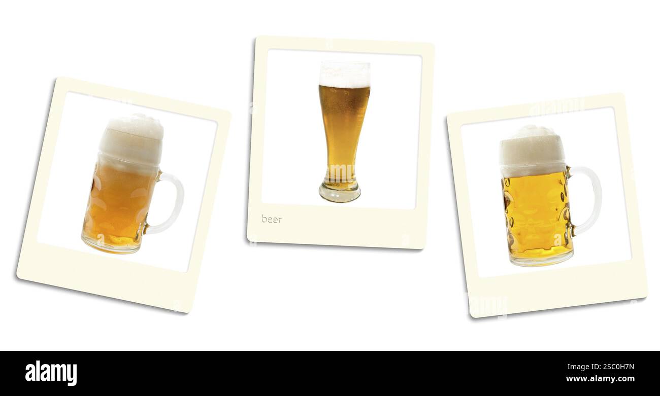 Thre Old Style Photos Of Beer Over White Background Stock Photo - Alamy