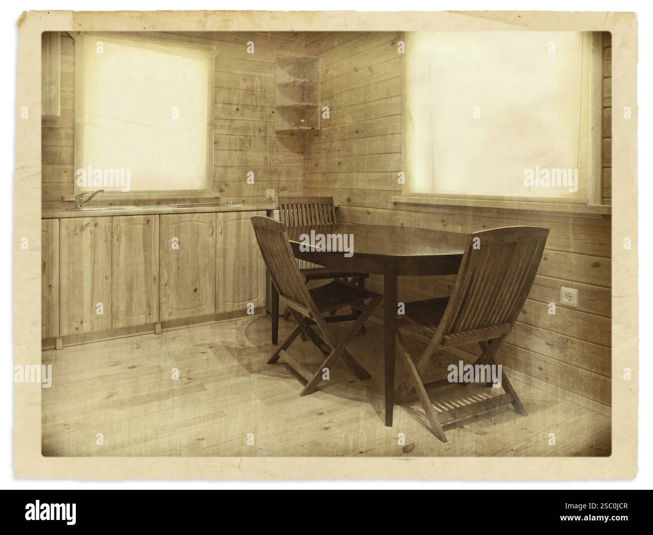 Old (stylized) photo of kitchen interior in a wooden blockhouse Stock ...