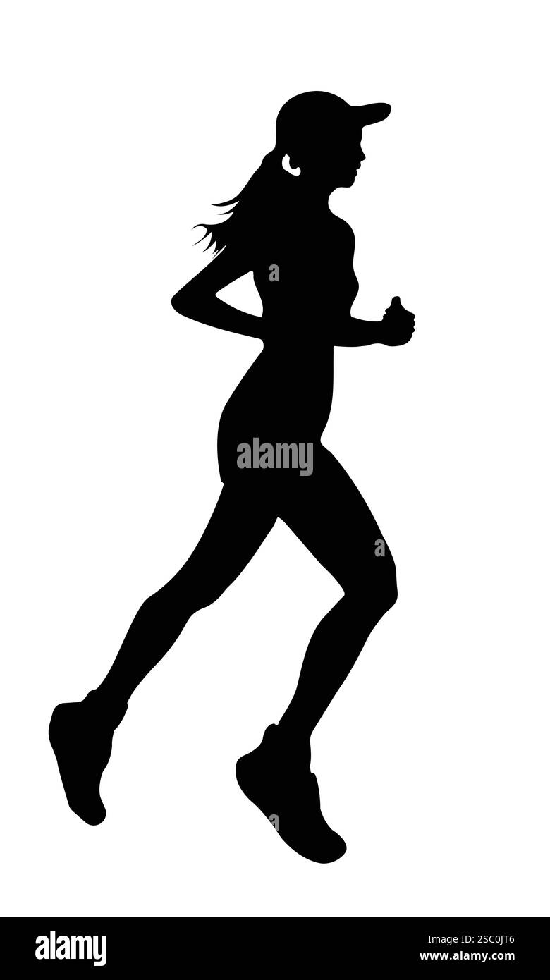 A silhouette of a woman running with determination, wearing a cap and ...