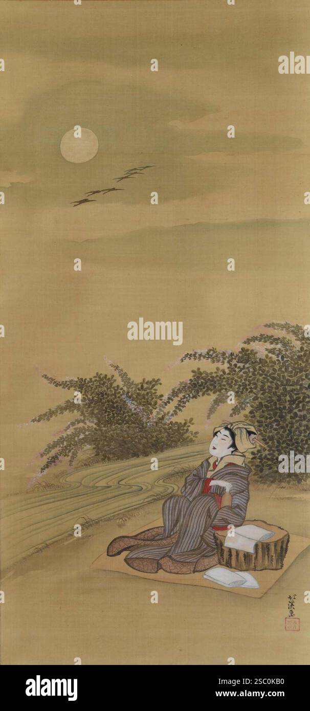 Hokkei painting on silk of a beauty fulling cloth a river Stock Photo ...