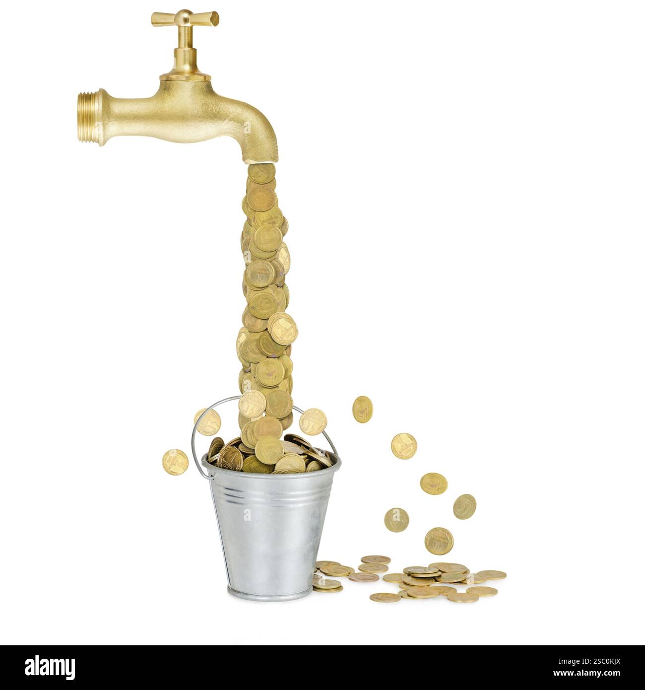 Small coins flowing into a bucket from the tap Stock Photo - Alamy