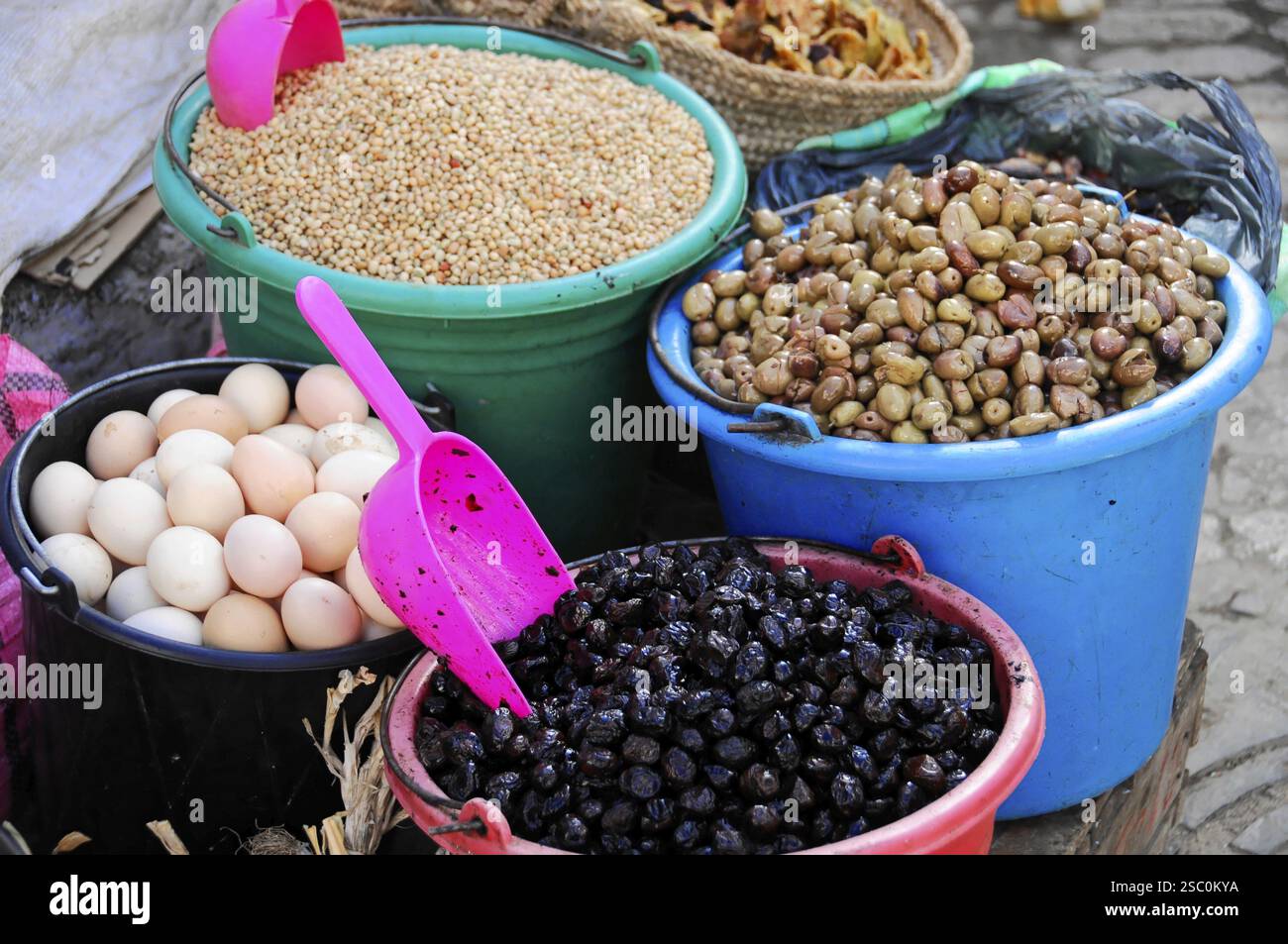 Olives, eggs, market sale, Chefchaouen, northern Morocco, Morocco ...