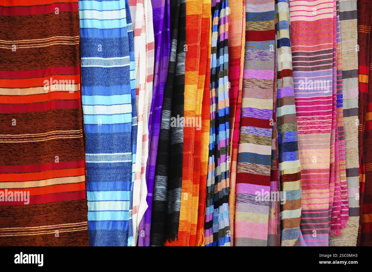Chefchaouen, Rif Mountains, Morocco, Colourful striped fabrics hung ...