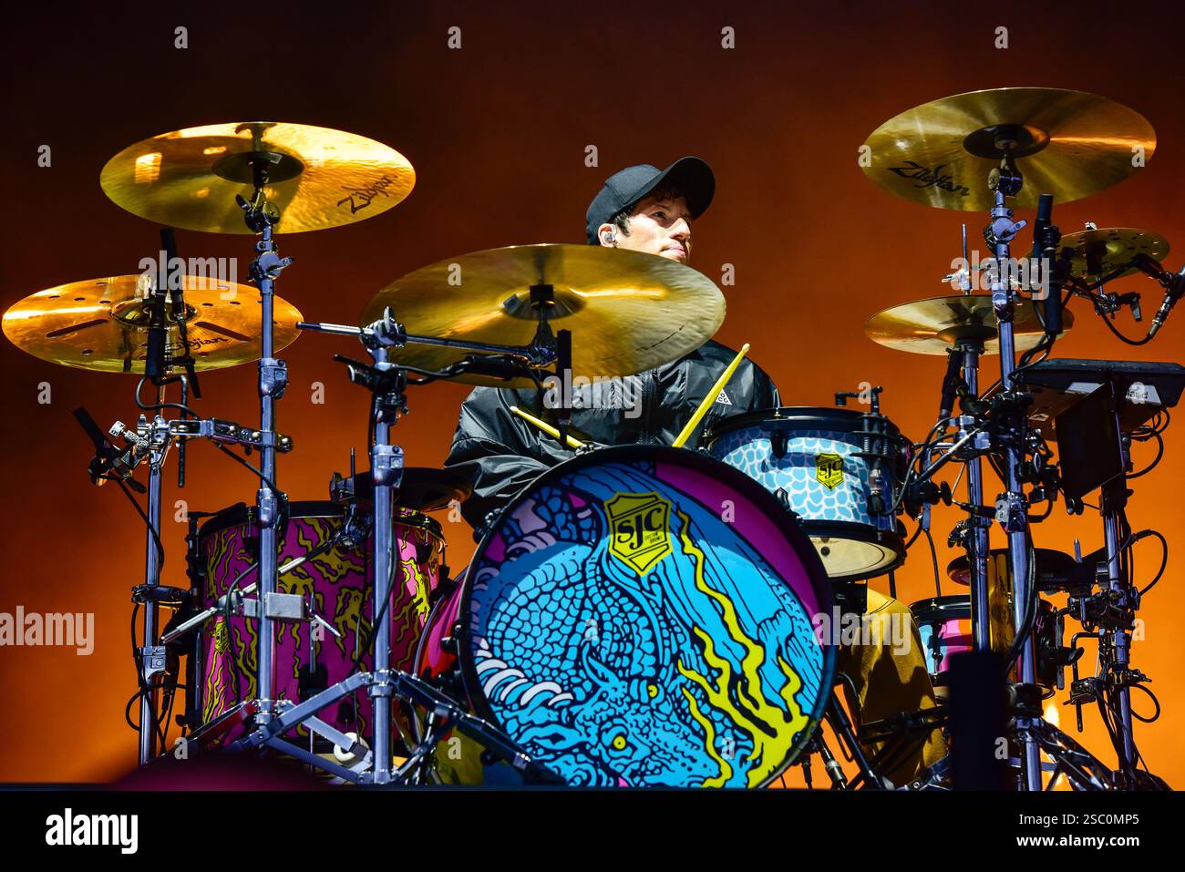 Josh Dun of Twenty One Pilots behind the drum kit on stage at the 2022 ...