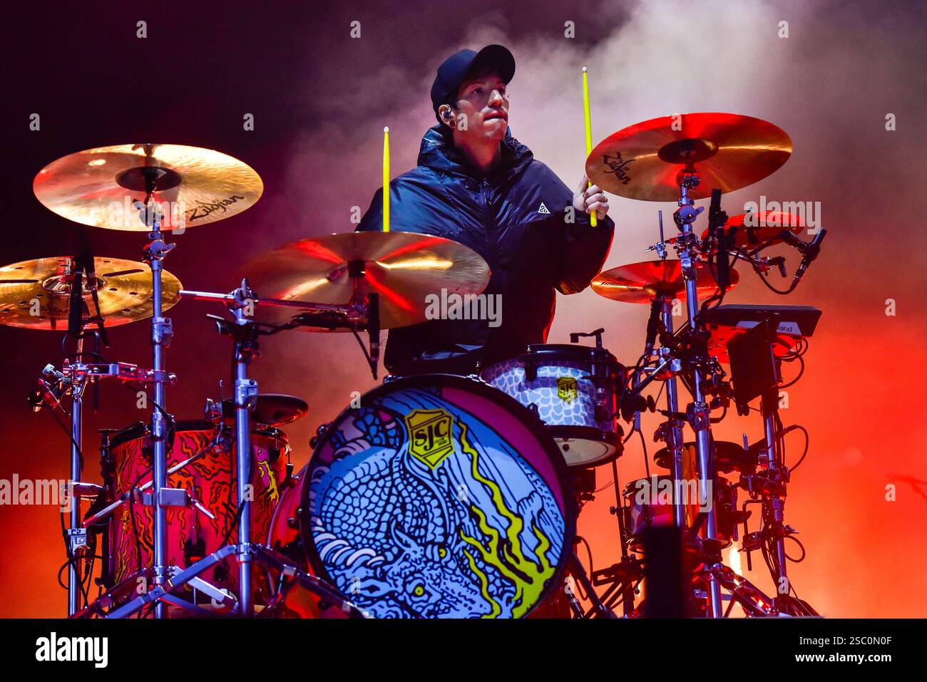 Josh Dun of Twenty One Pilots behind the drum kit on stage at the 2022 ...