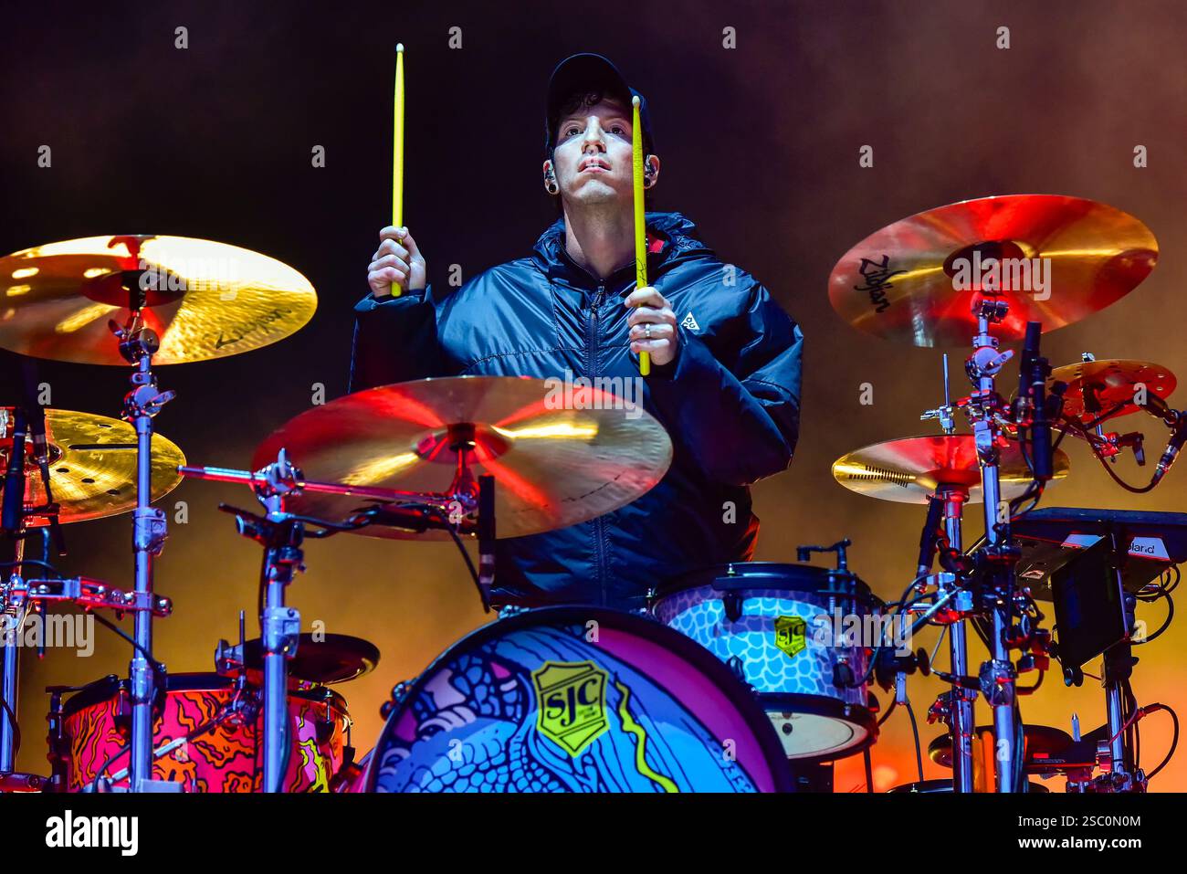 Josh Dun of Twenty One Pilots behind the drum kit on stage at the 2022 ...