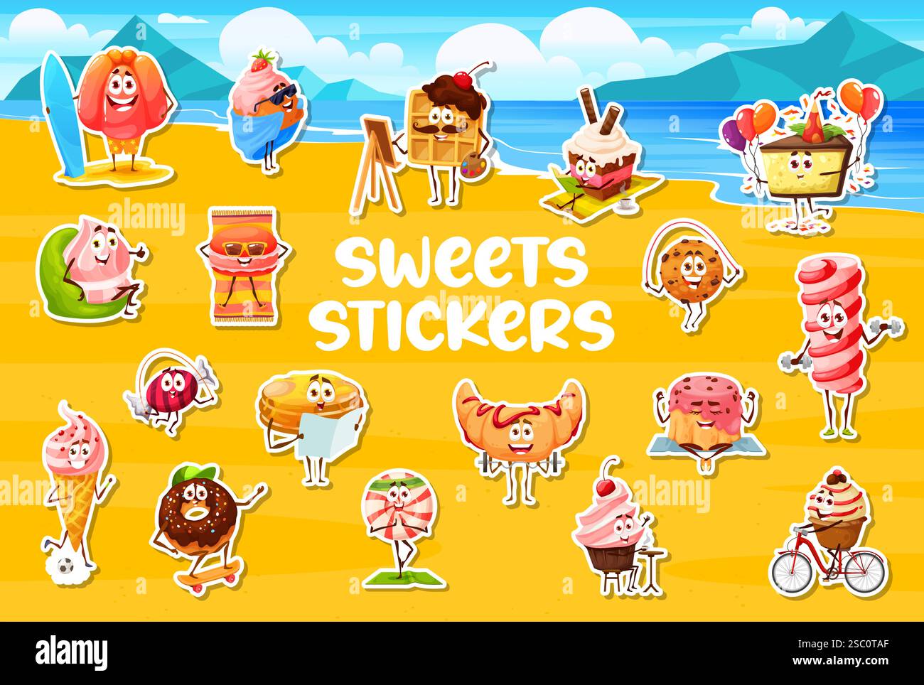 Stickers pack of cartoon dessert characters. Jelly pudding, waffle and ...