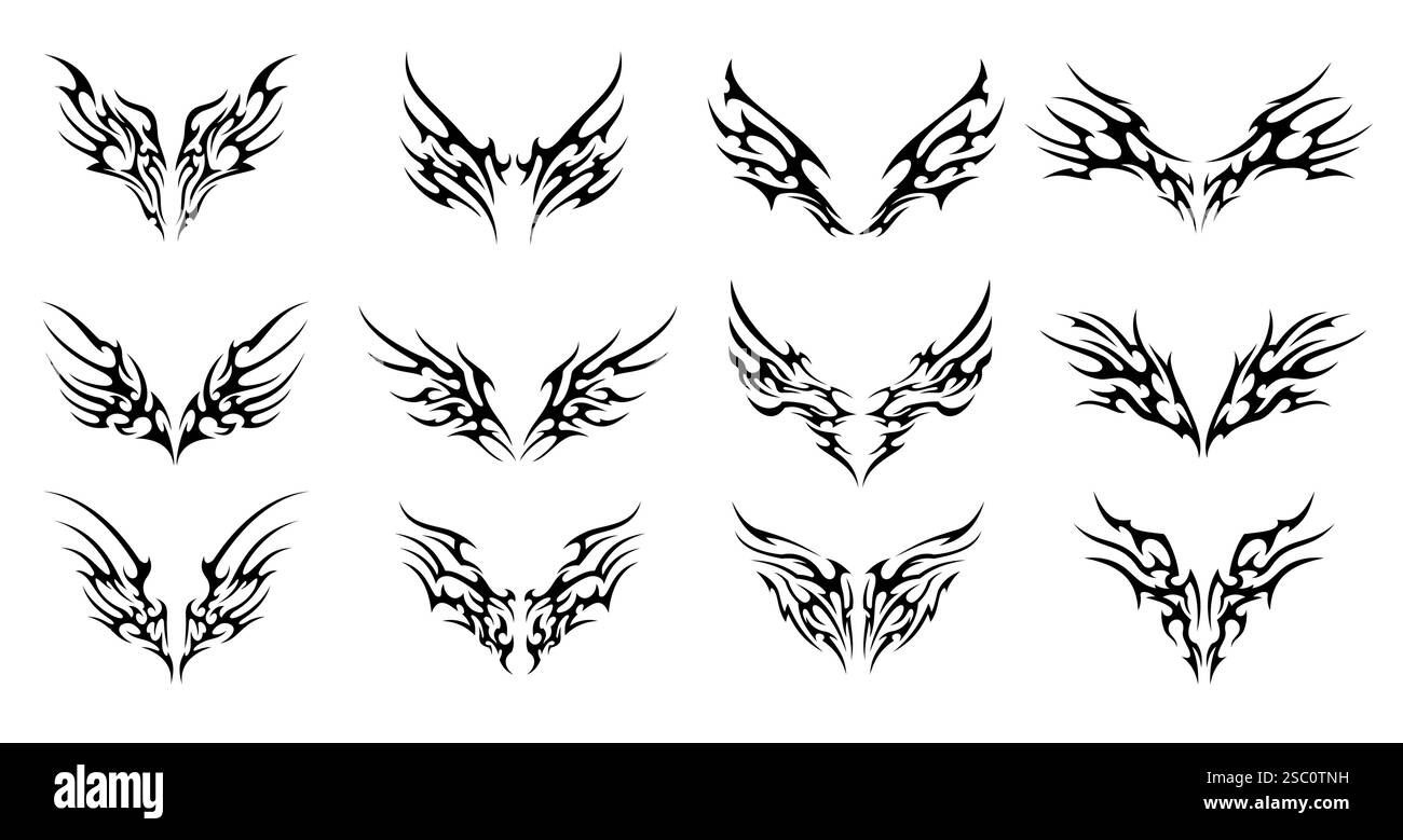 Tribal neo gothic wings tattoo. Vector y2k cyber tribal body art ...