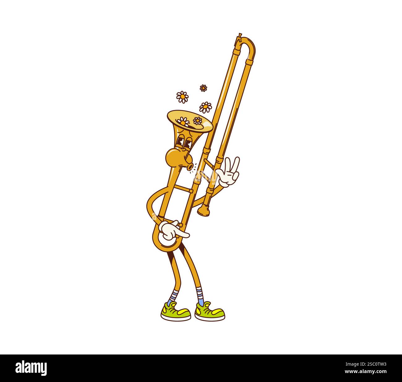 Cartoon groovy trombone musical instrument character whistling a melody ...