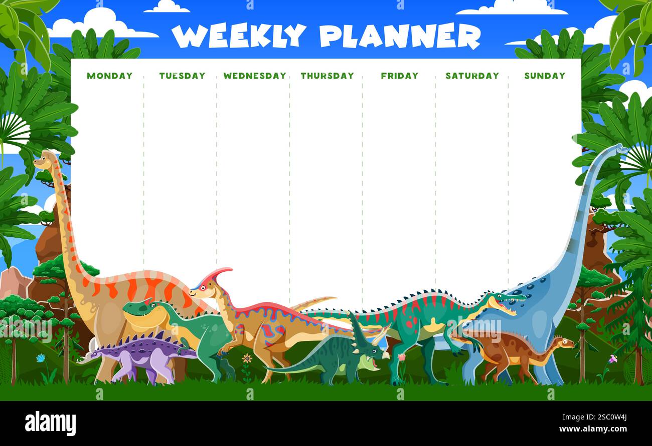 Weekly planner schedule with cartoon prehistoric dinosaur and reptile ...