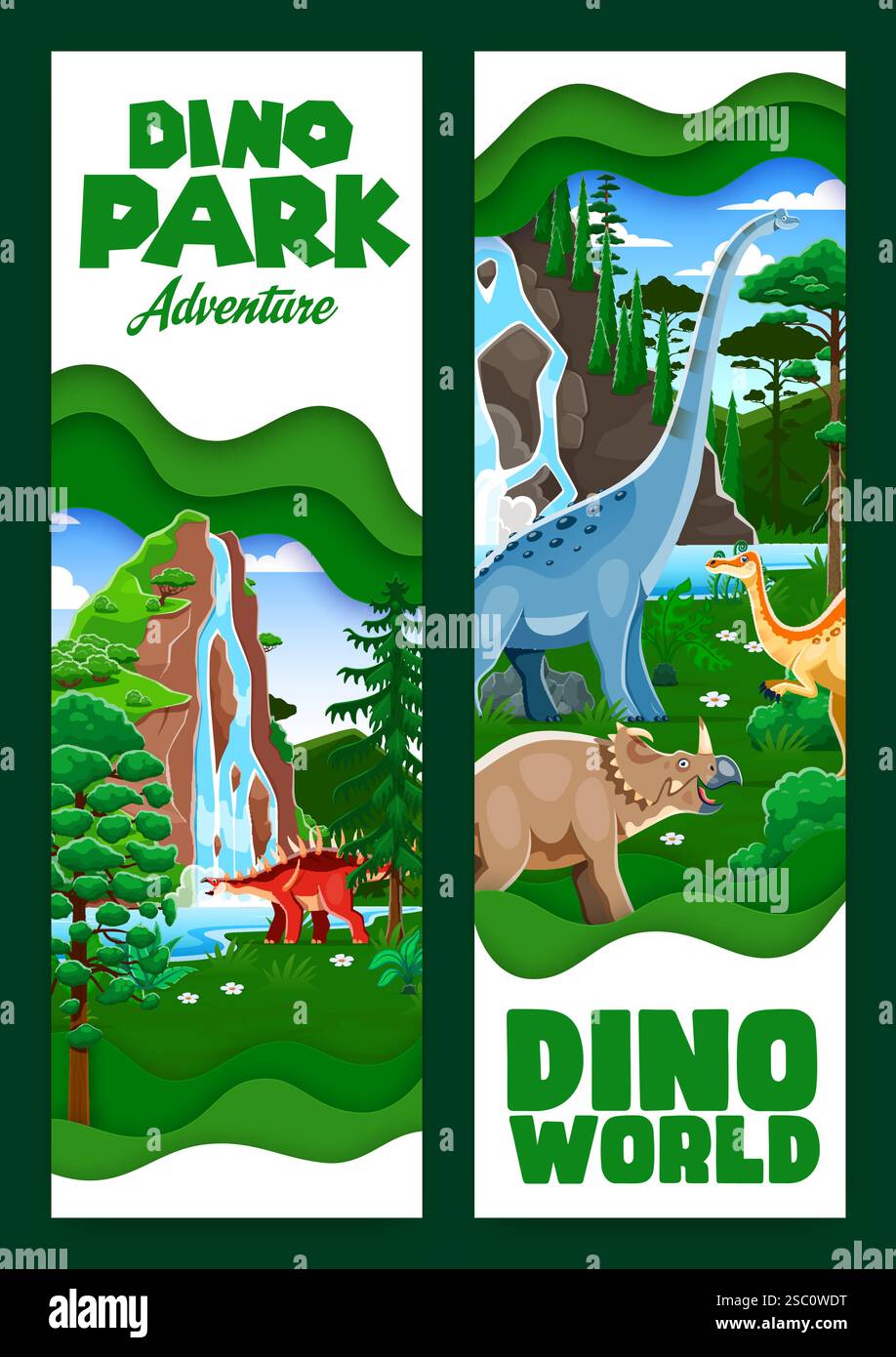 Dino park paper cut banners with prehistoric dinosaurs characters near ...