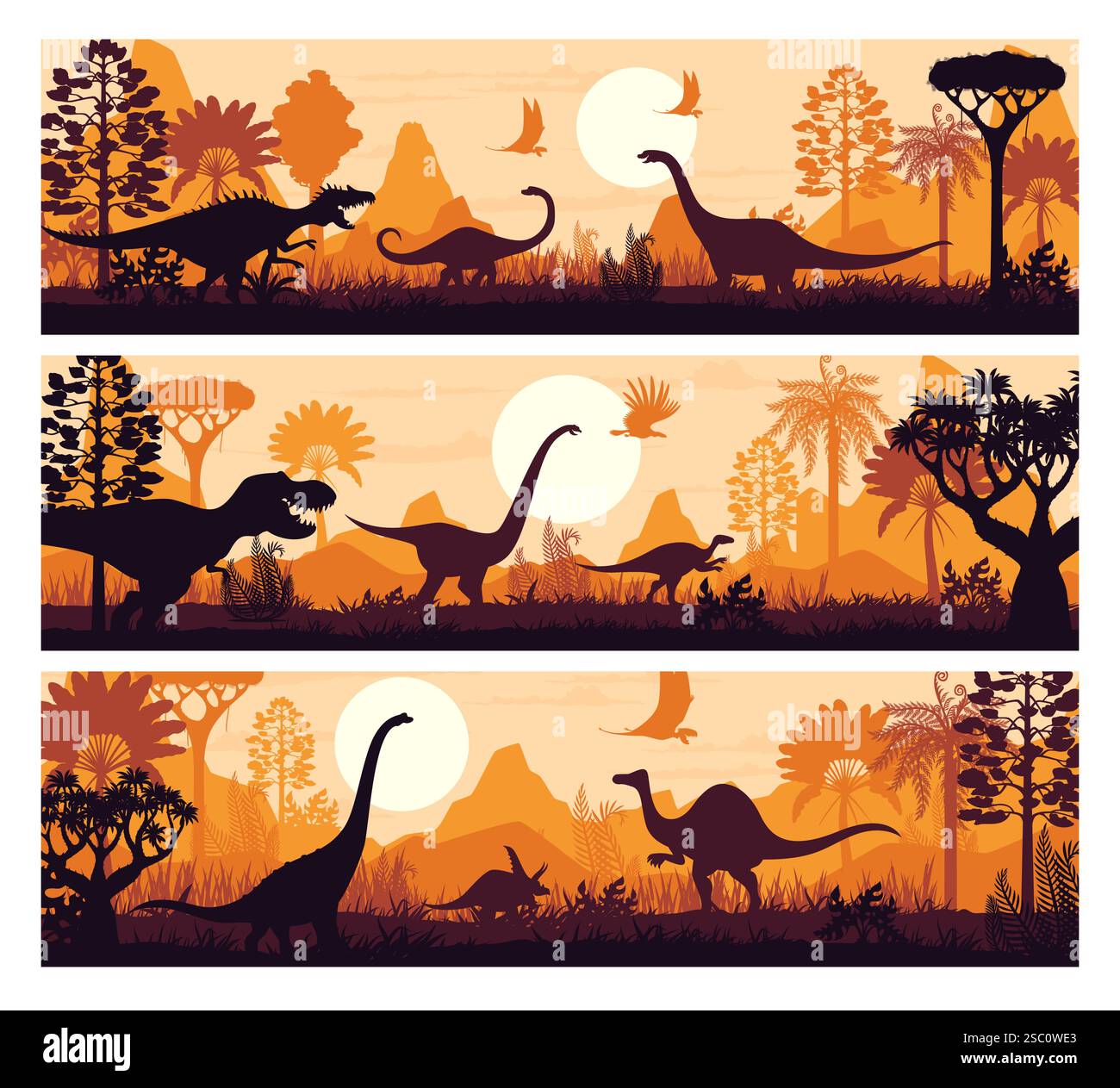 Prehistoric era banners with dinosaurs silhouettes in Jurassic jungle ...