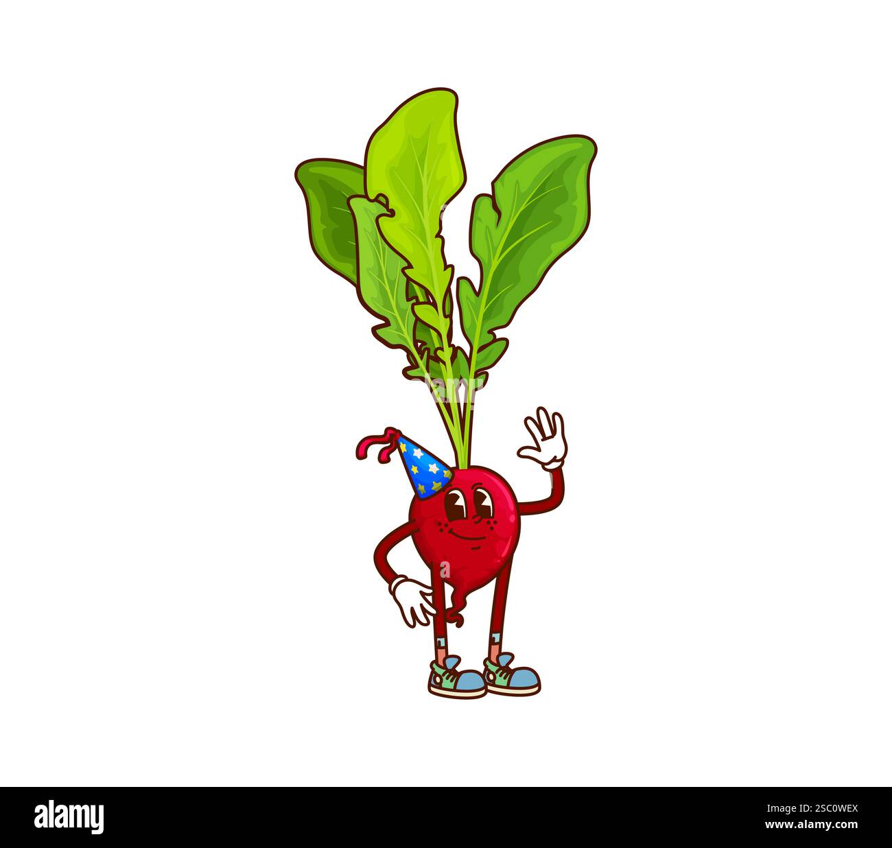 Groovy cartoon radish vegetable character on holiday party. Kids ...