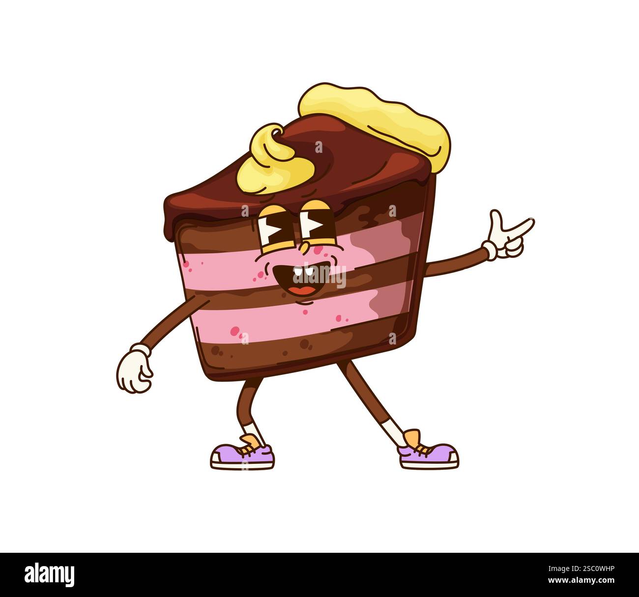 Funny groovy chocolate cake dessert character with finger gun gesture ...