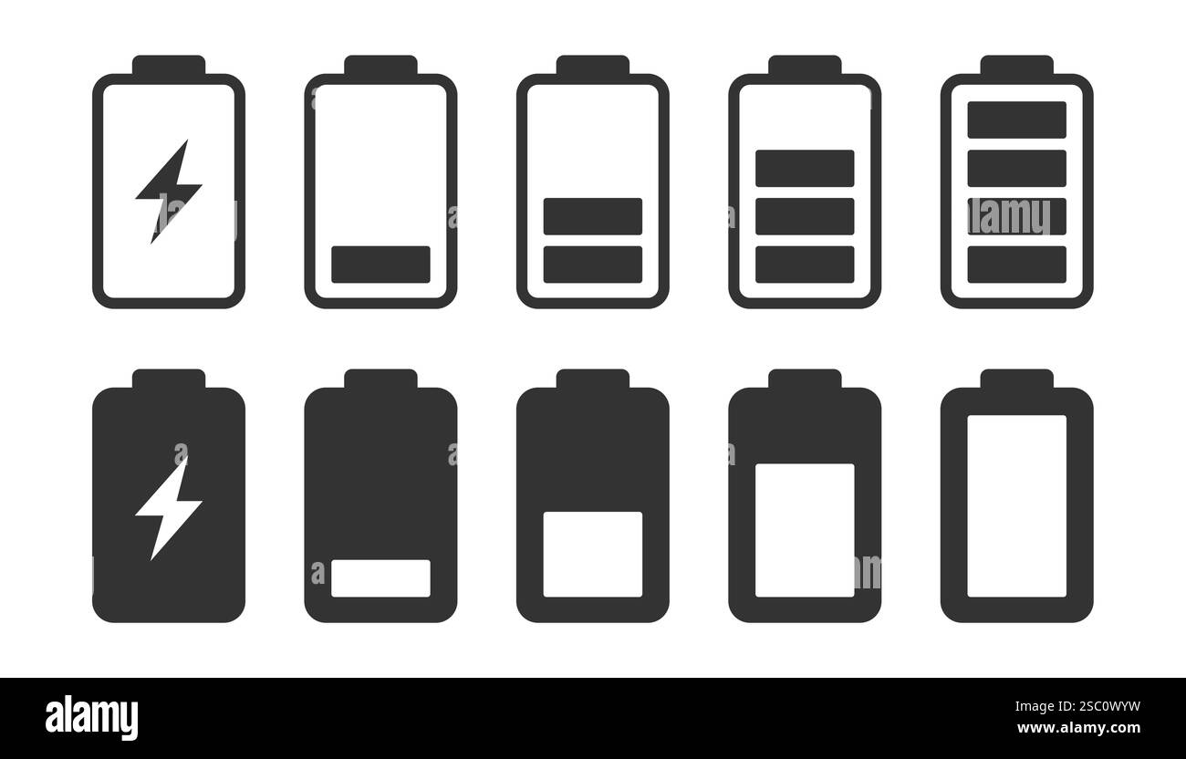 Battery set. Battery Full charge indicator or low charge sign. Level ...