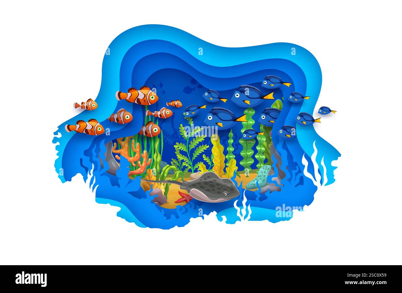 Paper cut underwater landscape with tropical fish shoals and stingray ...