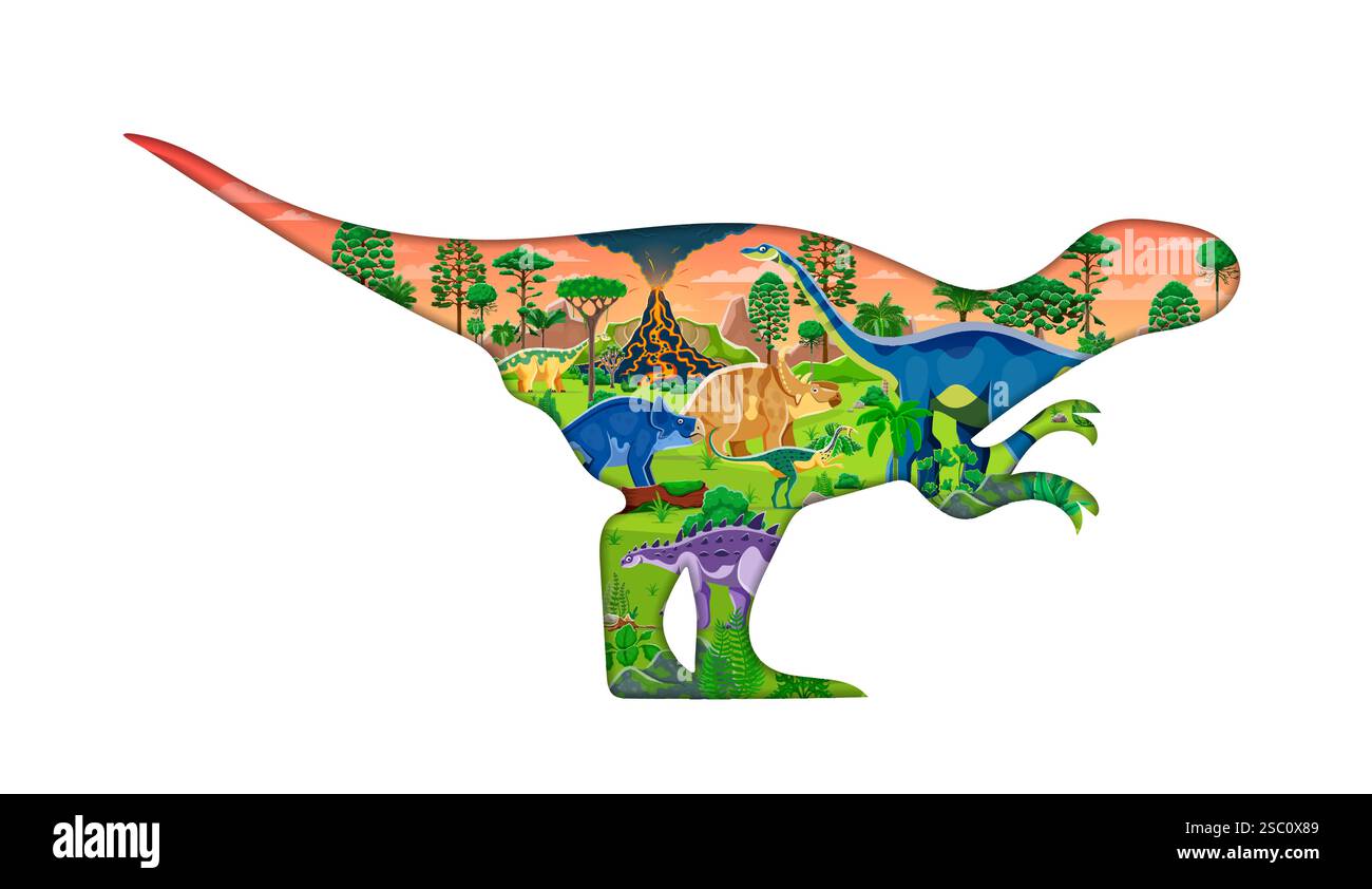 Paper cut prehistoric era dinosaur silhouette with ancient era ...