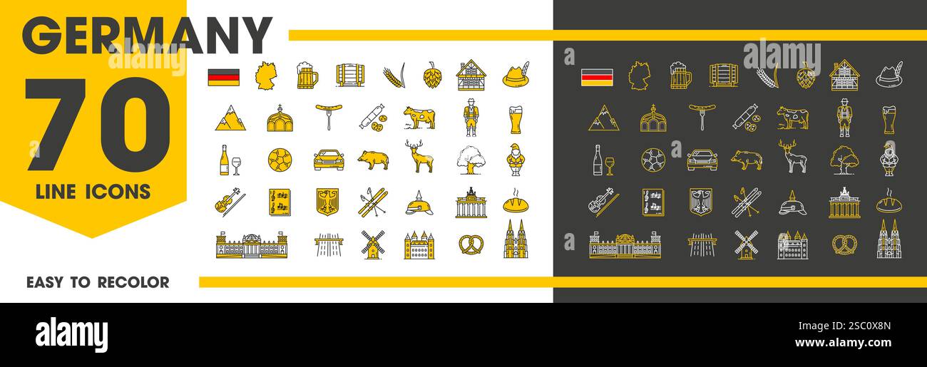 Germany travel and landmark line icons of vector german flag, map, beer ...