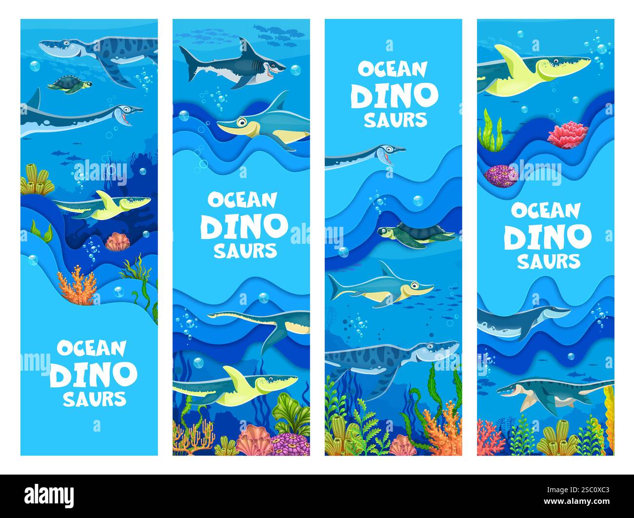 Underwater prehistoric dinosaurs on paper cut banners. Ocean and sea ...