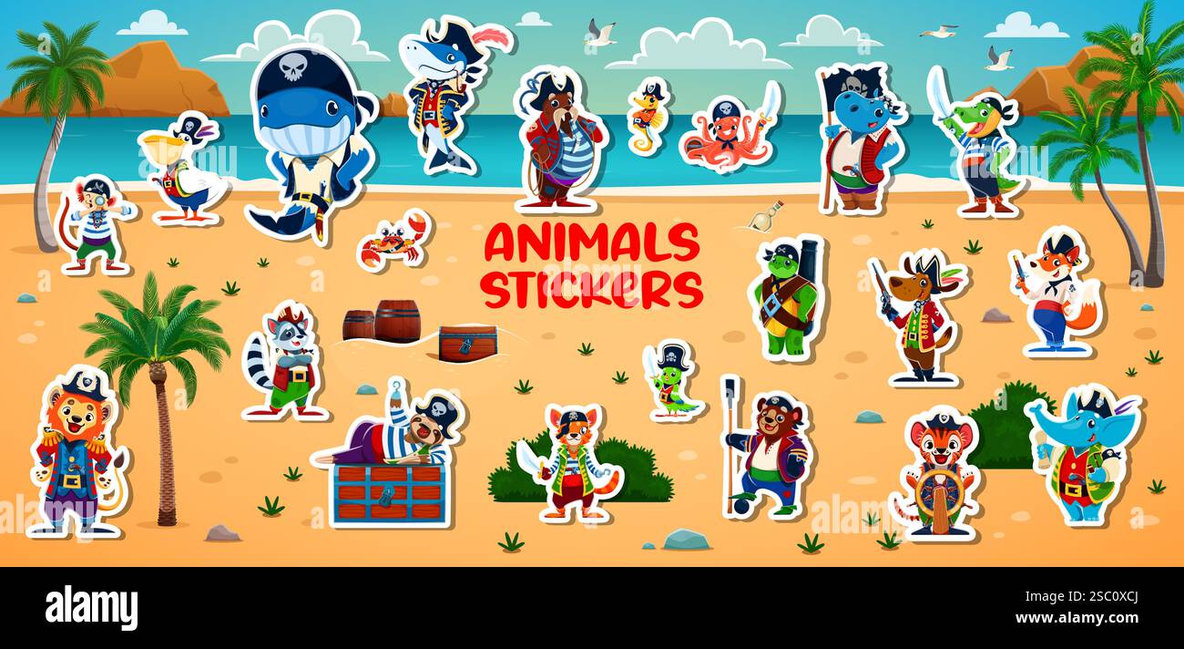 Animal pirate and corsair characters, sailor filibusters stickers pack ...
