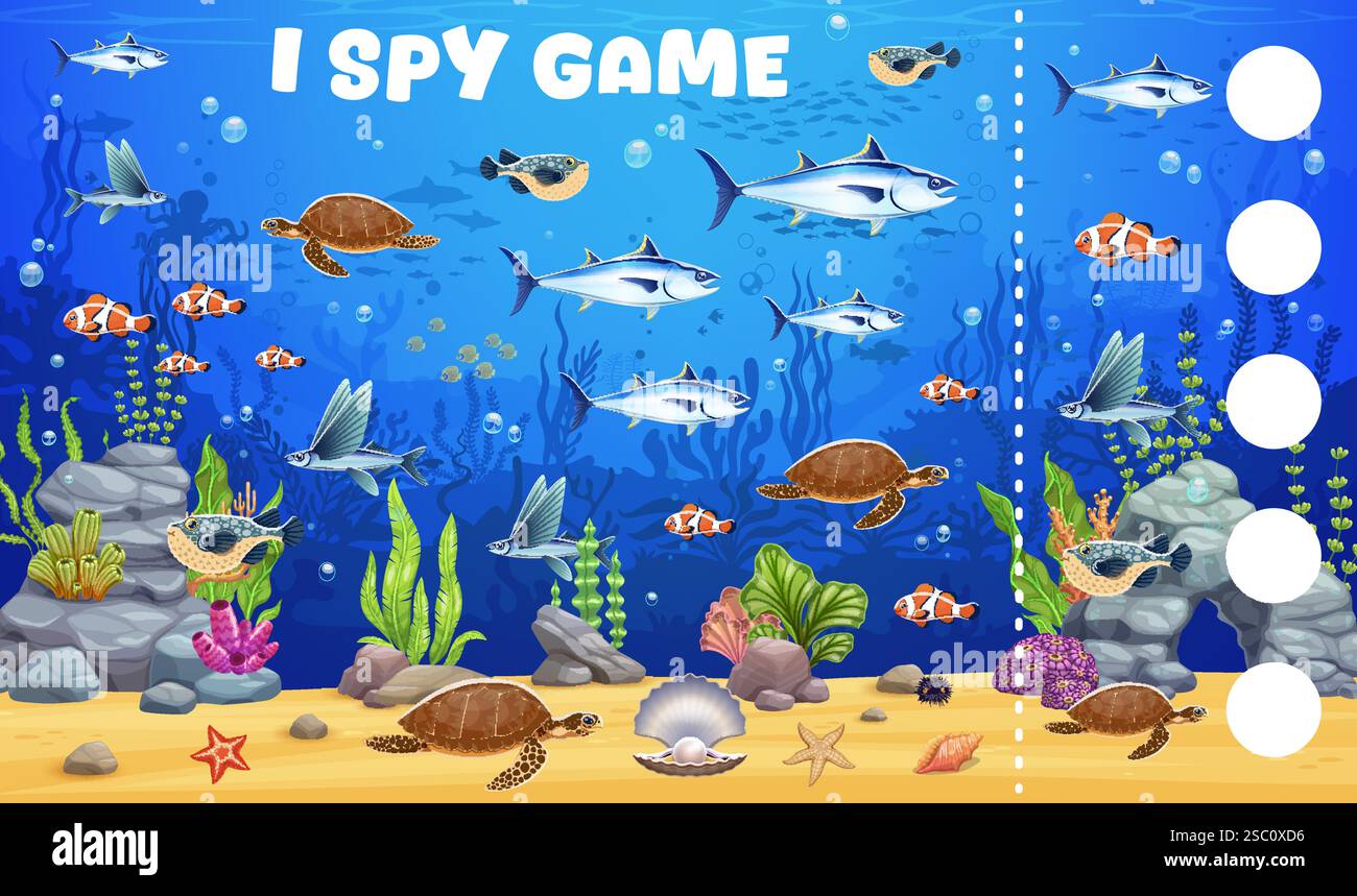 I spy game worksheet with underwater sea animals. Object finding vector ...