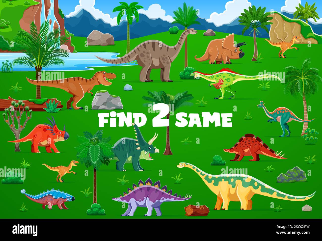 Kids game, find two same prehistoric era dinosaur characters vector ...