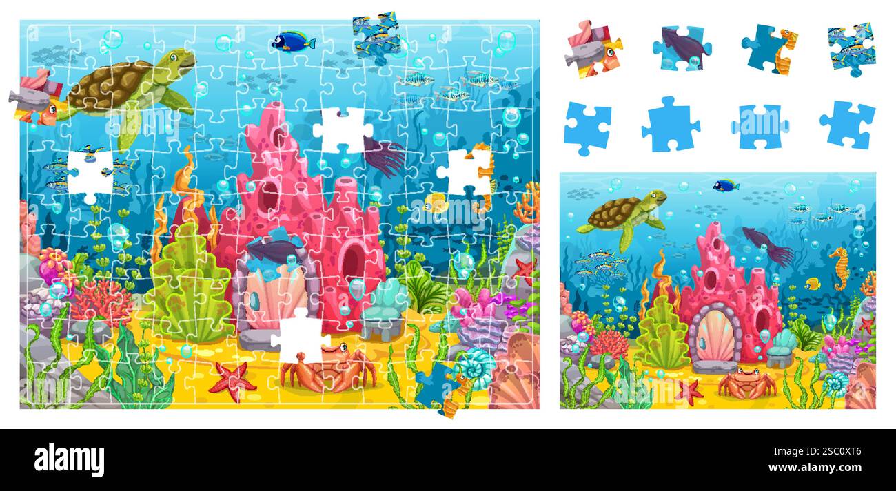 Cartoon ocean underwater landscape, jigsaw puzzle game pieces with sea ...