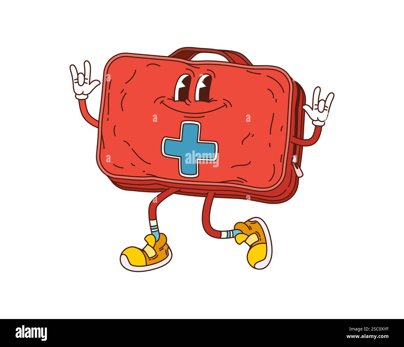 Cartoon first aid kit groovy medicine and health character with playful ...