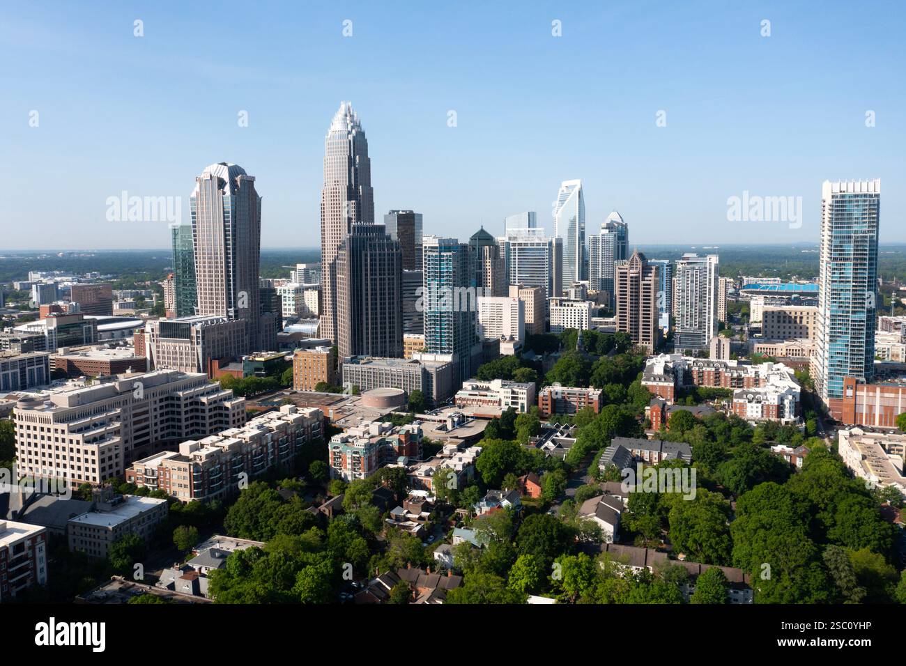 Wide aerial view of the downtown Charlotte, North Carolina skyline from ...