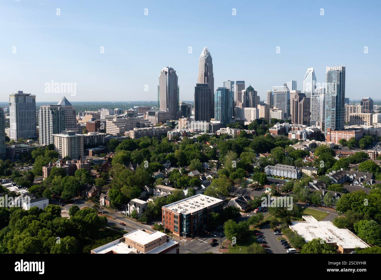 Wide aerial view of the downtown Charlotte, North Carolina skyline from ...
